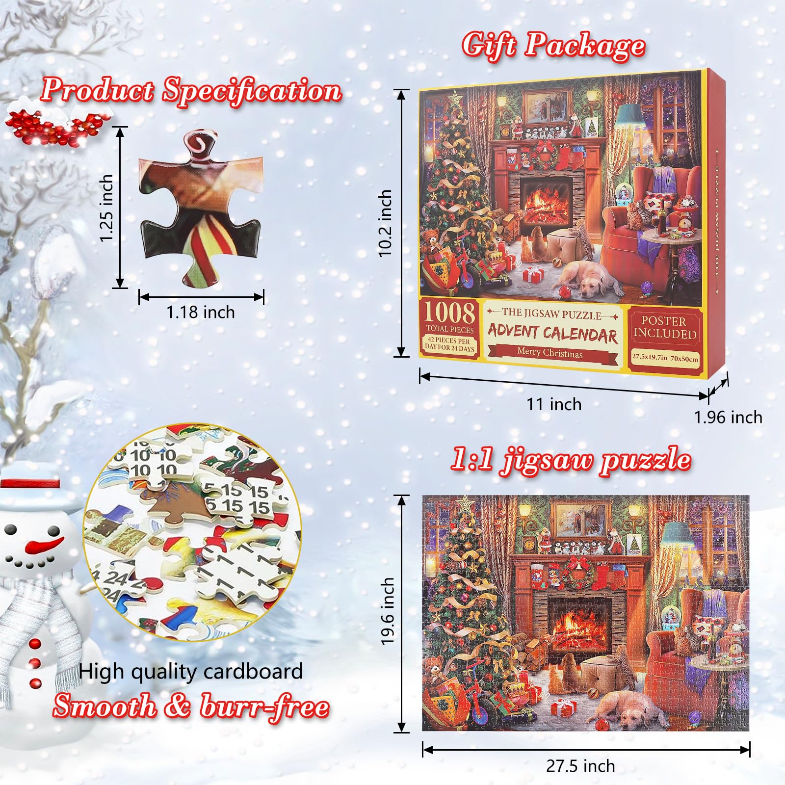 Jigsaw Puzzles Advent Calendar 2023 Christmas Gift,24 Days 1008 Pieces Puzzles,Christmas Fireplace& Home Decoration,Christmas Countdown Calendar for Kids Teens and Adults, Finished Size27.5in x 19.7in