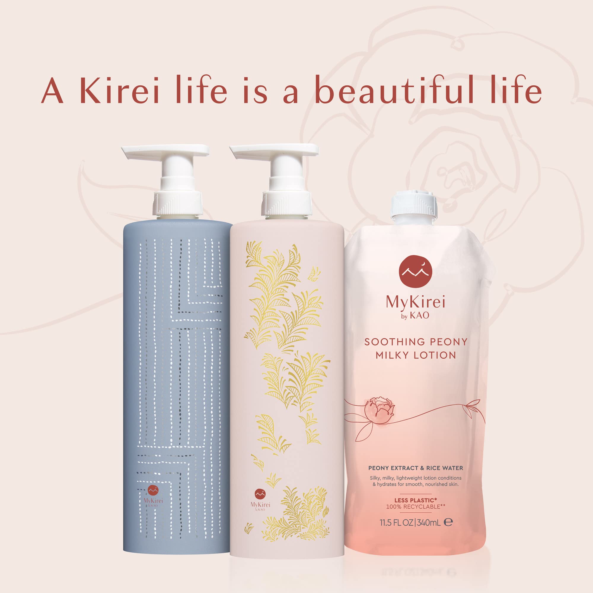 MyKirei by KAO Soothing Peony Milky Lotion, Peony Extract and Rice Water, Sustainable Bottle, with Reusable Lotion Dispenser, 11.5 FL OZ