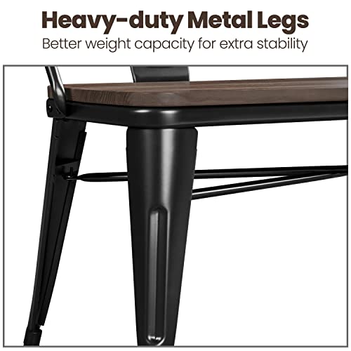 Yaheetech Industrial Metal Bench Mid-Century 3 Person Chair Dining Room Long Farmhouse Bench with Wood Seat,Removable Backrest,Black