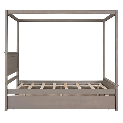 WADRI Modern Full Size Canopy Platform Bed with 2 Drawers and Trundle Bed, Wood Canopy Platform Bed with Support Slat, 4-Post Canopy Platform Bed Frame for Kids Teens Adult, No Box Spring Needed