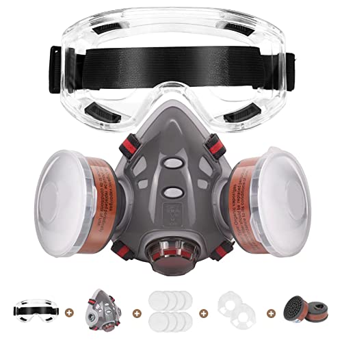 Reusable Respirator Half Facepiece Cover w/Safety Goggles & Filters Against Dust Vapors Gas Pollen Chemicals Suitable for Painting Spraying Sanding Welding Woodworking Epoxy Resin & Other Protection
