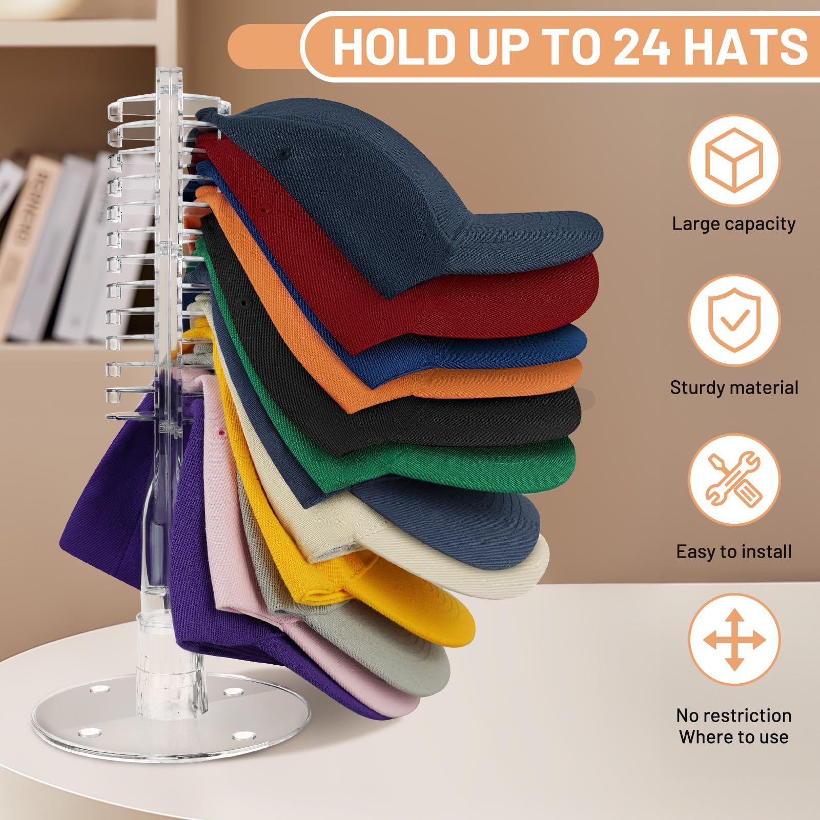 ZDDGNN Hat Stand for Baseball Caps,Hat Holder Organizer No Install Acrylic Hat Racks Display Storage for 24 Baseball Caps,Rotatable Cap Organizer Hat Racks for Bedroom, Closet, Dresser, Clear
