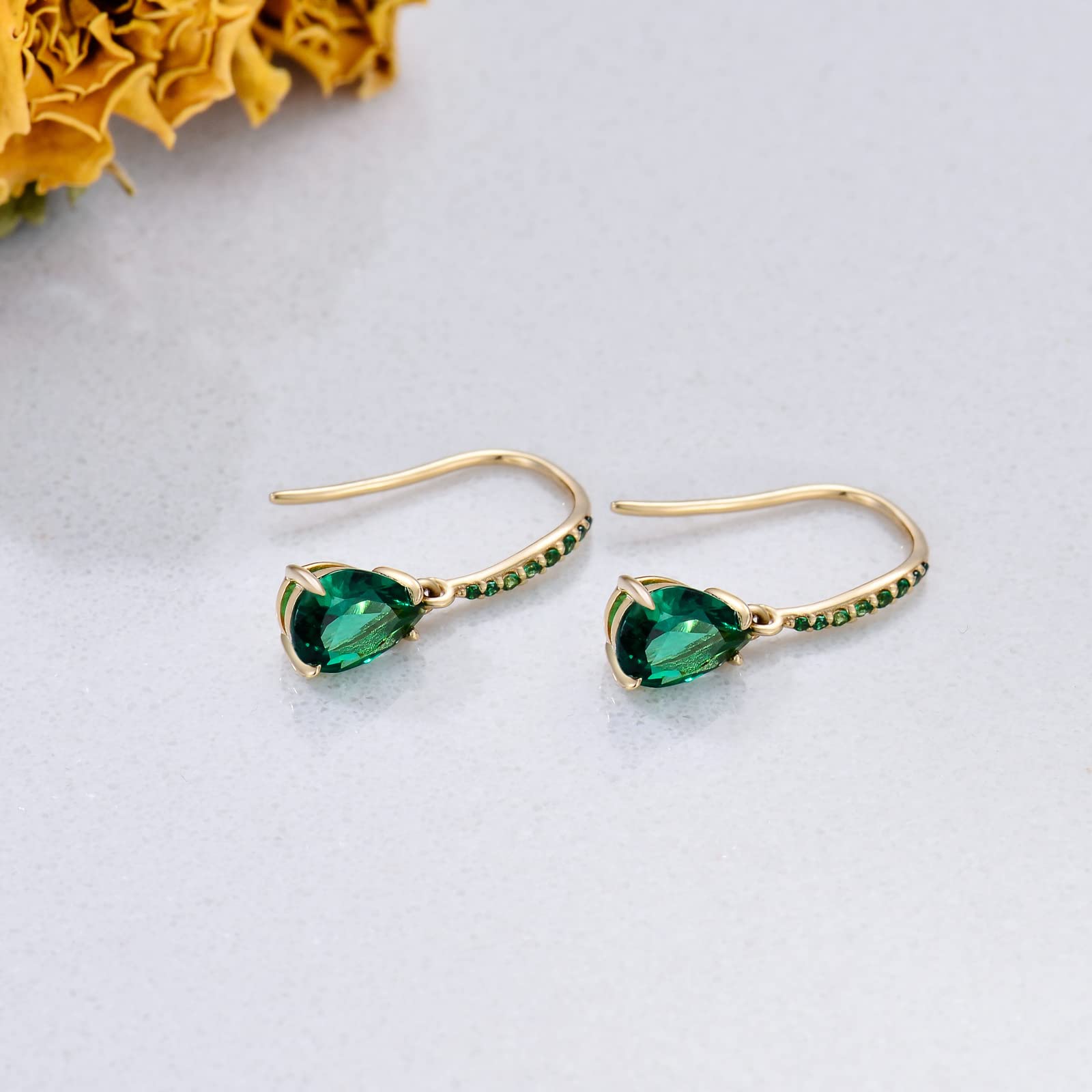 MUUYON Solid 14K Emerald Earrings for Women, Real Gold Dangle Drop Created Emerald Earrings May Birthstone Jewelry Gift for Women Ladies Her Mom (Pear Shape 5X7MM)