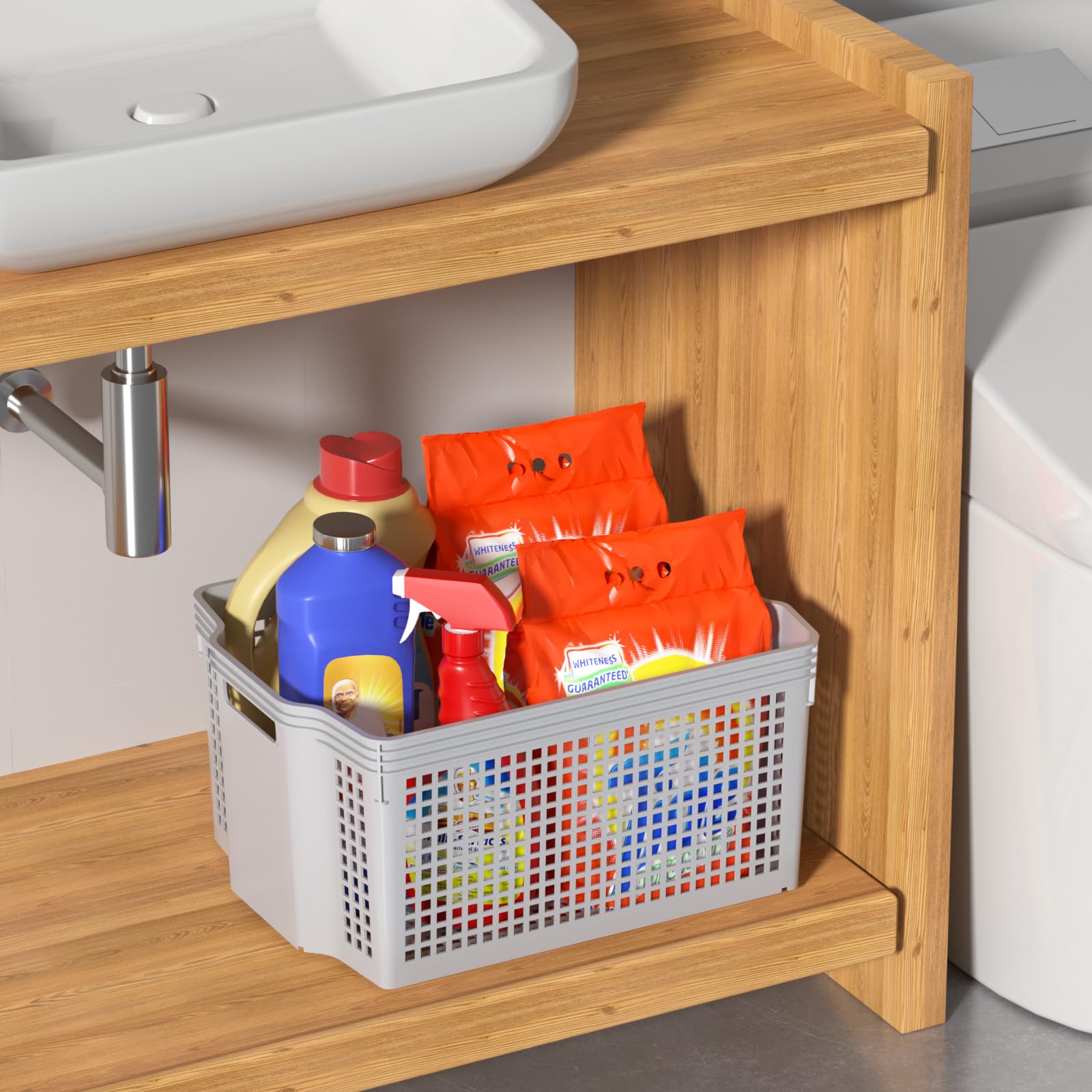 Wakikini 12-Pack Plastic Deep Storage Basket, Large Plastic Stackable Baskets, Gray