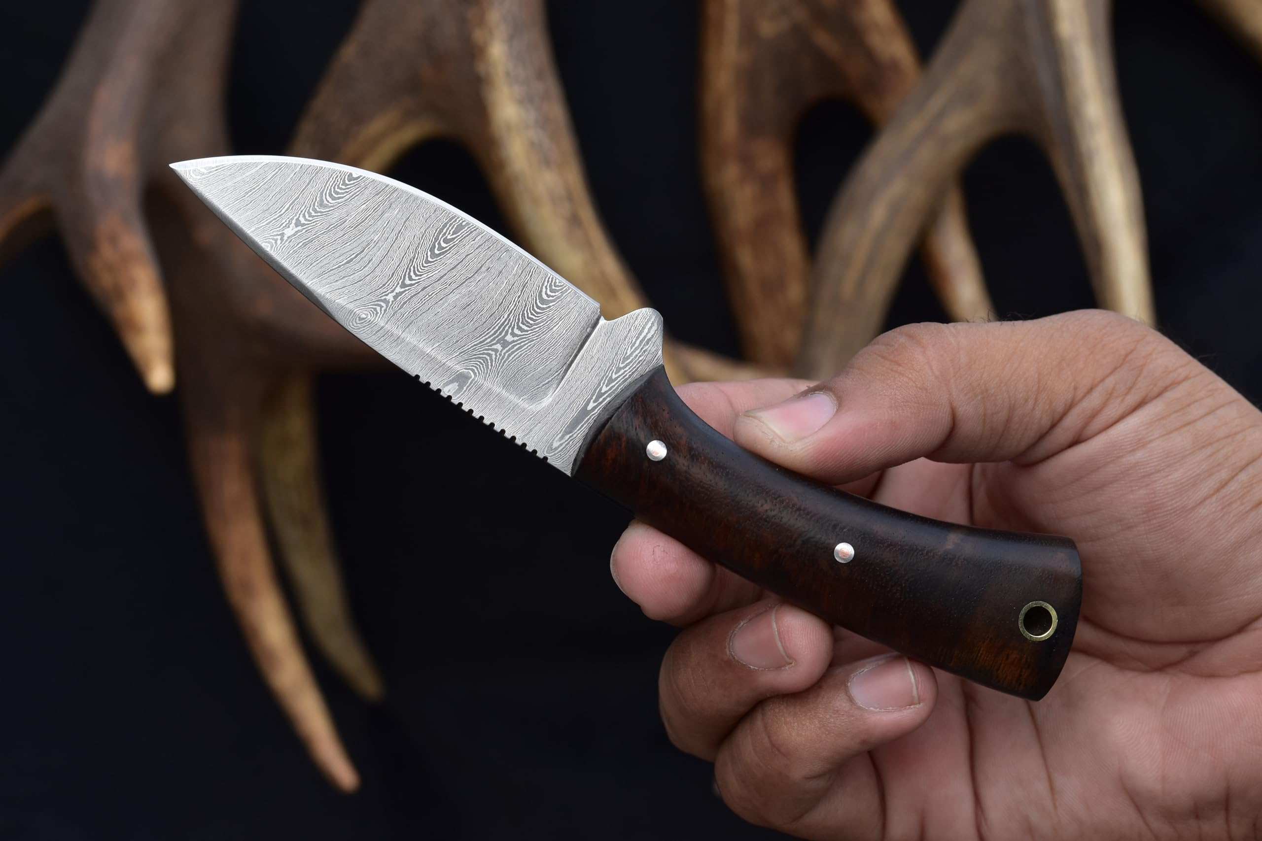 Knives Ranch Fixed Blade EDC Knife with Horizontal Carry Sheath β Small Hunting Knife β Damascus Skinning Knife β Cowboy Knife with Leather Sheath Stabilized Rosewood Handle (4402-IRW)