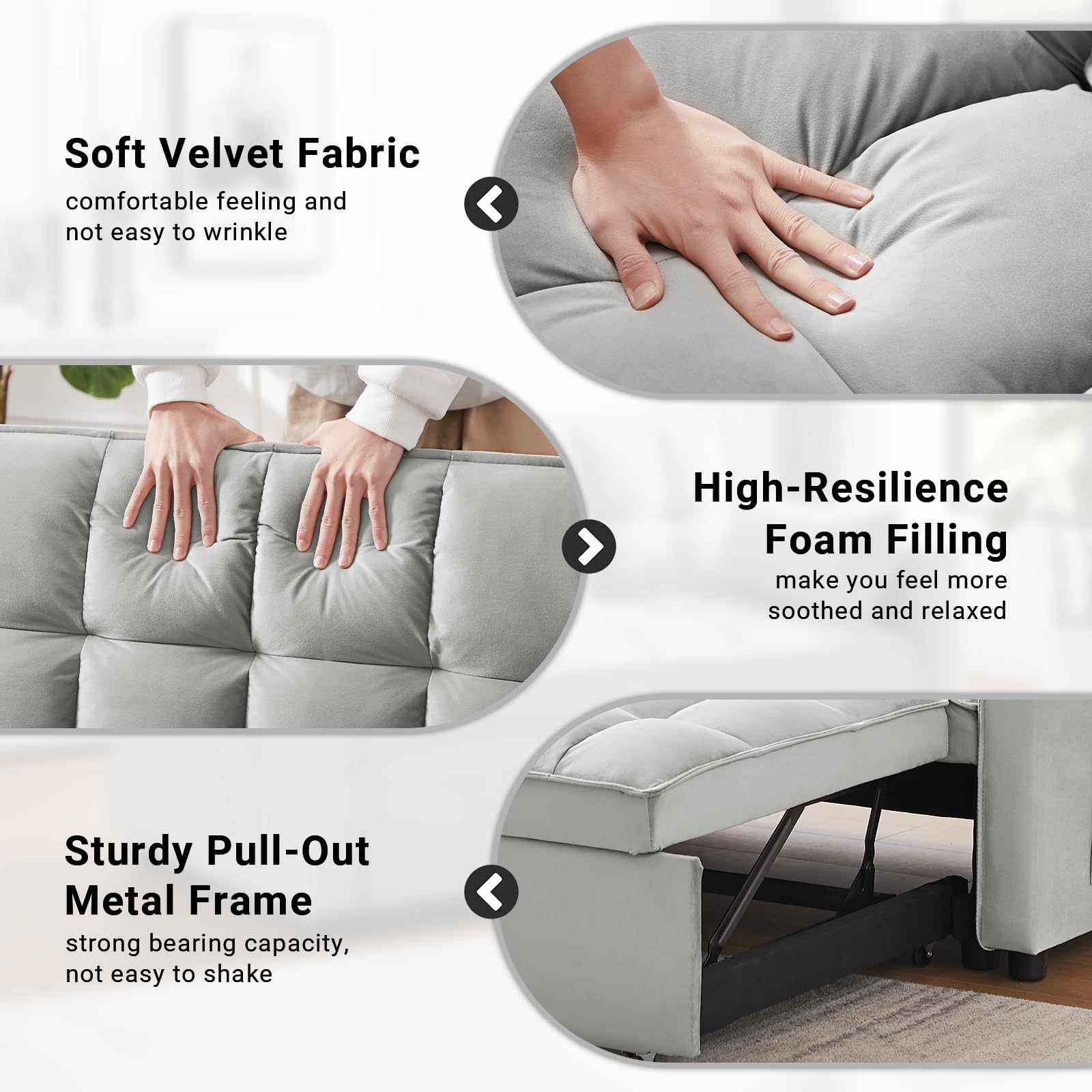 Skepphlay 3 in 1 Convertible Sofa Bed, Pull Out Couch with 3-Level Adjustable Backrest, Sleeper Loveseat Recliner with Storage and Pillows, Velvet Chaise Lounge for Living Room, Grey