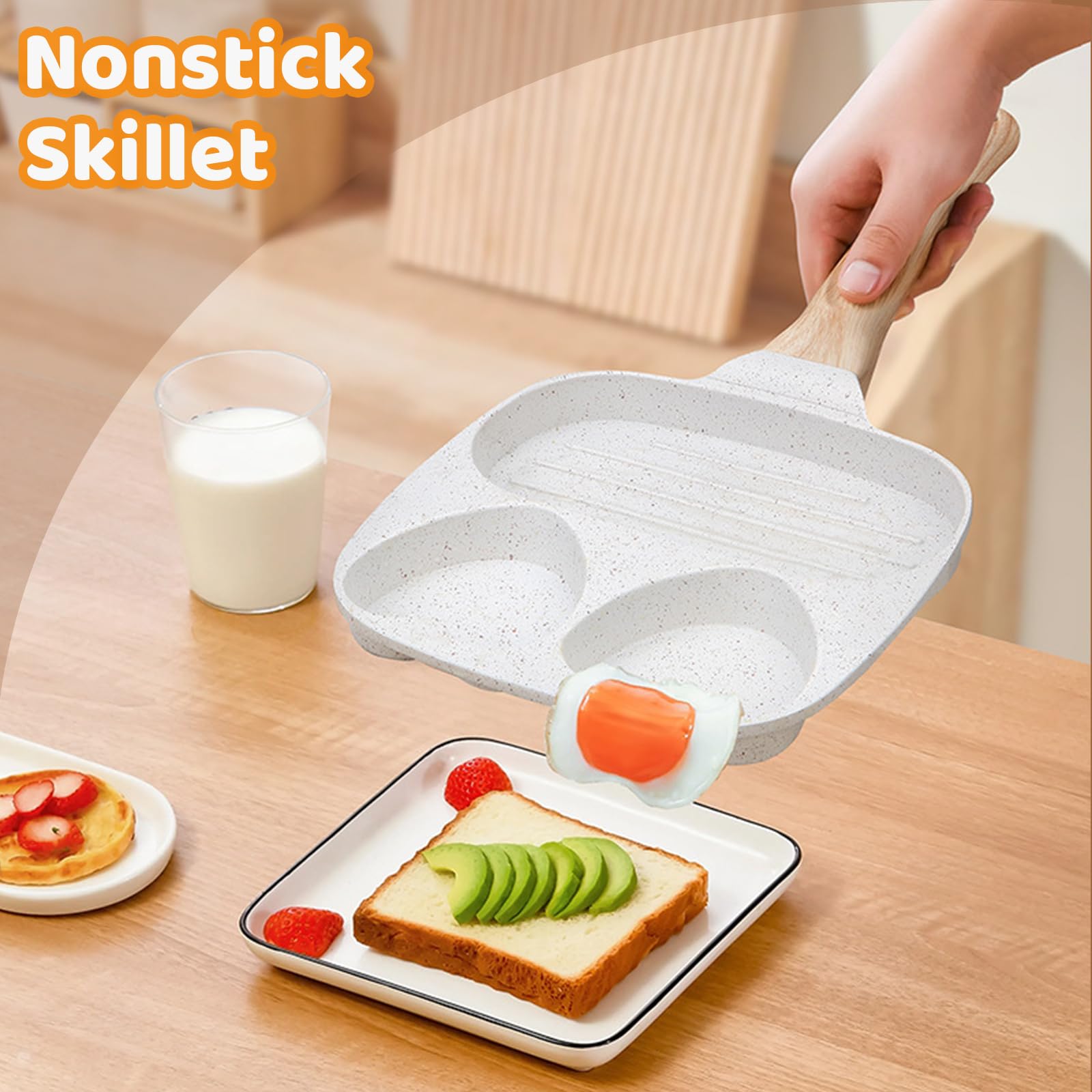 Tauvirboff Egg Pan Omelette Pan, 3-Cup Nonstick Egg Frying Pan for Breakfast, Egg Crepe Pan for Pancake, Bacon&Sausage, Healthy Coating Cookware Chef's Pan for Gas Stove and Induction Cooke (White)