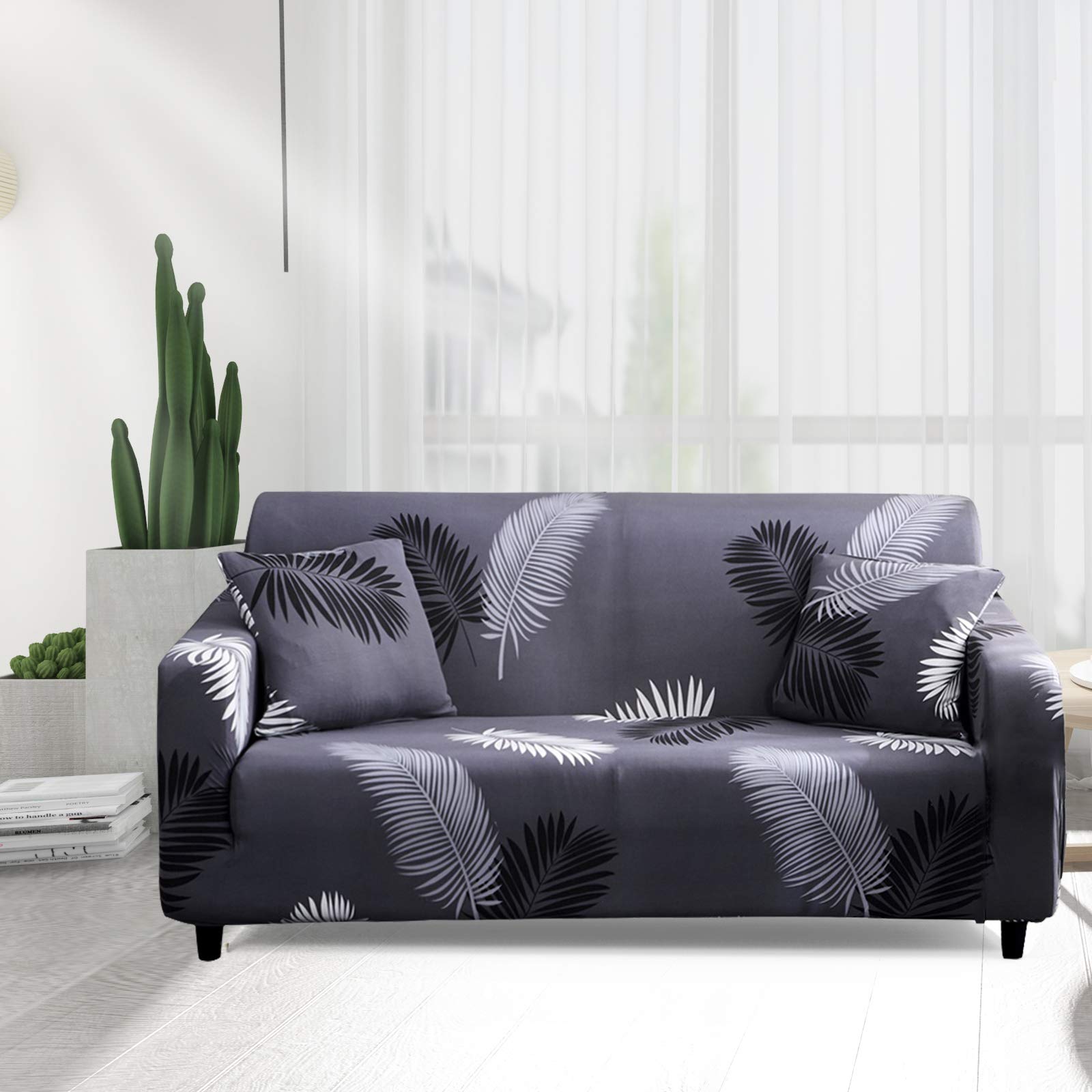 HOTNIU Stretch Sofa Cover Printed Couch Covers Loveseat Slipcovers for 2 Cushion Couches Sofas Elastic Universal Furniture Protector with 1 Pillowcase (Medium, Grey Geometry)