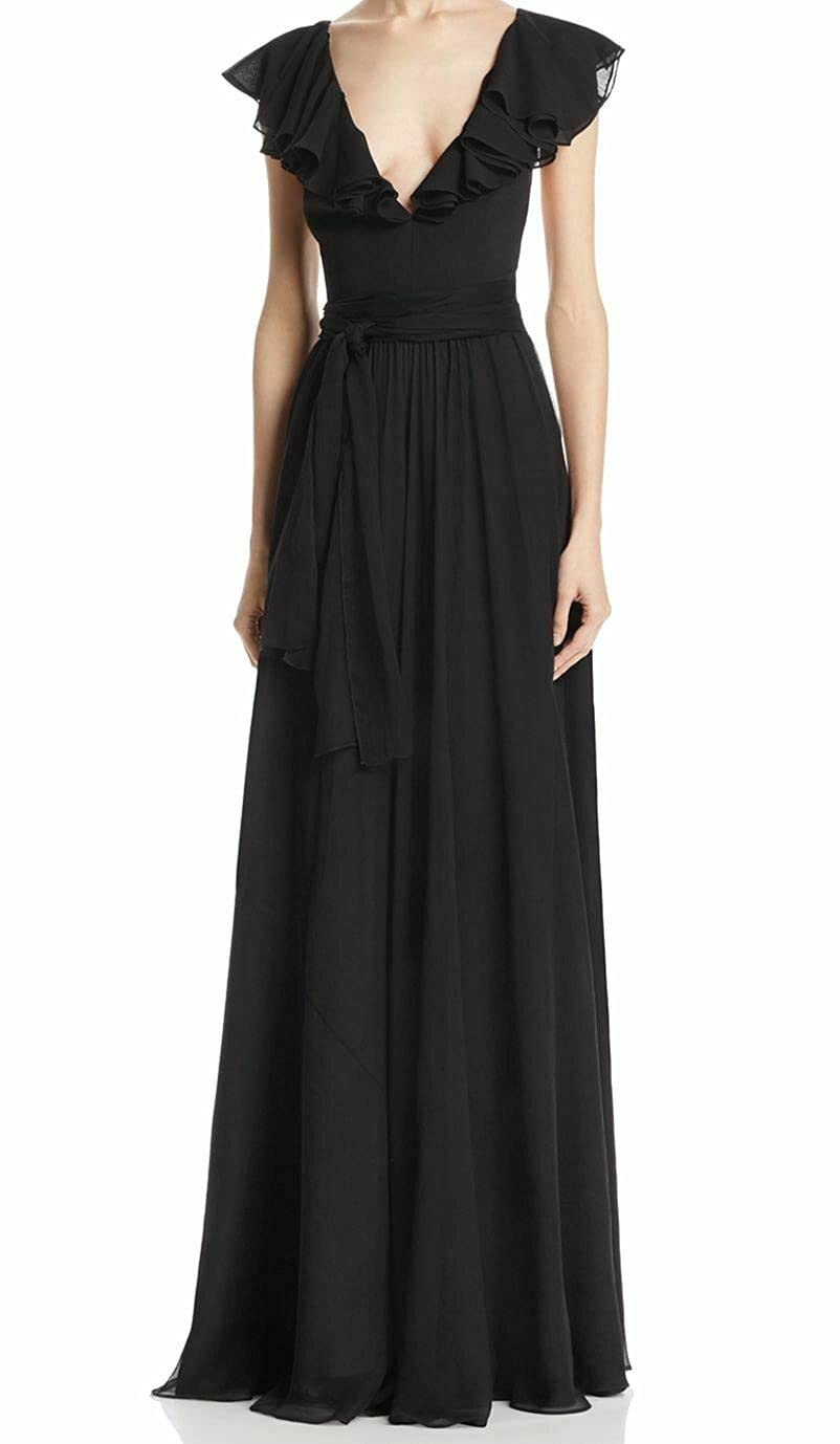 Jill Jill Stuart Women's V Neck Ruffle Gown, Black, 2