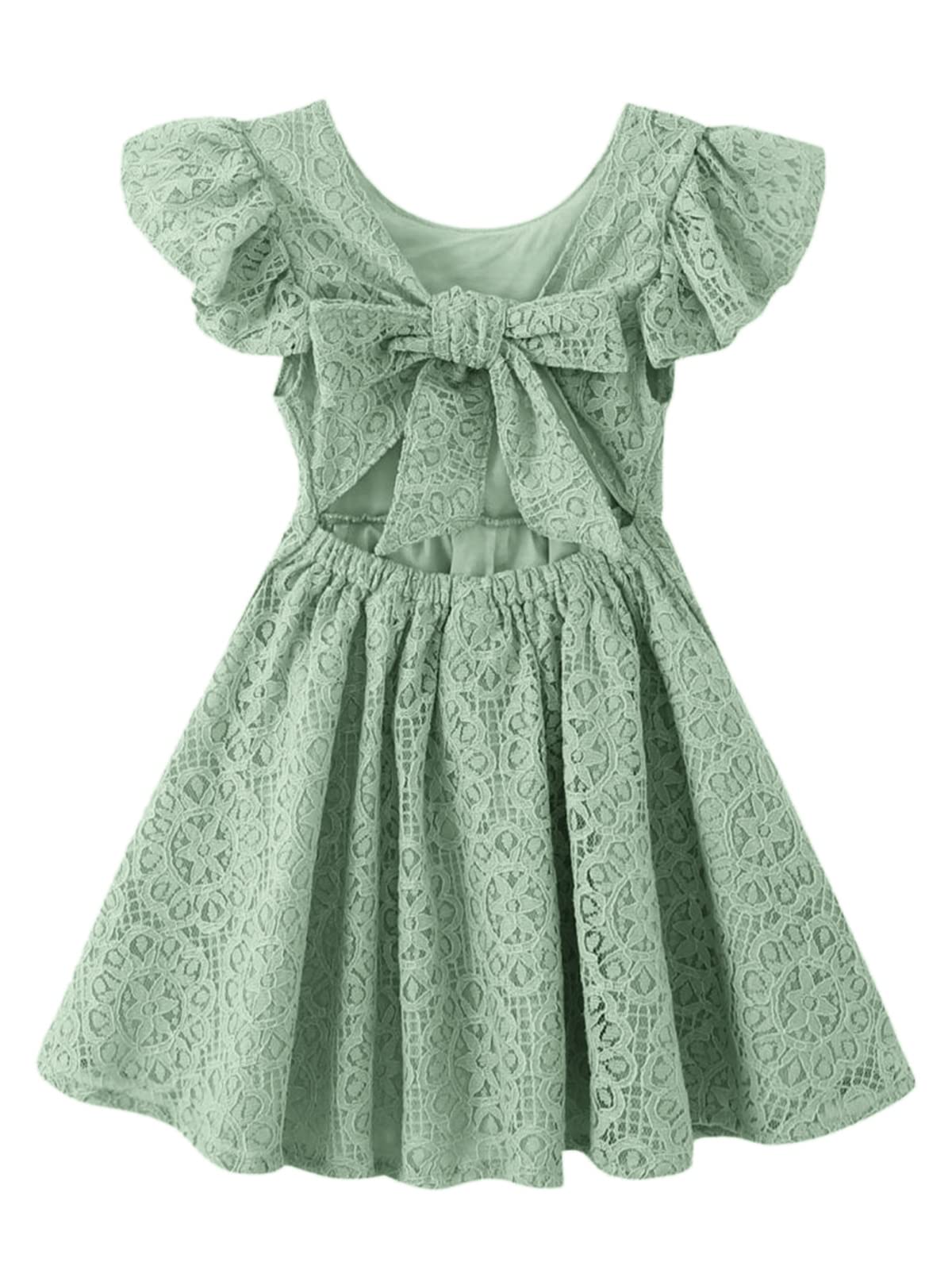 SISIDOLLS Little Girls Tie Back Sleeveless Ruffle Crochet Lace Elegant Dresses(Dusty Green, 5T)