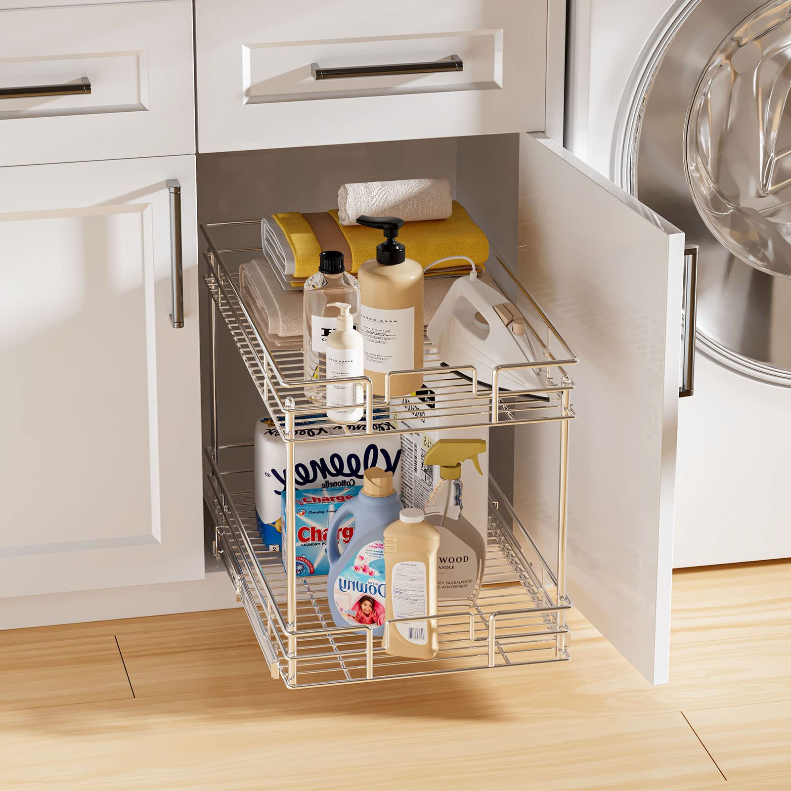 LOVMOR Cabinet Organizer, 2-Tier Pull Out Cabinet Organizers 11" W x 21" D, Pull Out Home Organizers Chrome Pull Out Drawer for Base Cabinet Silver