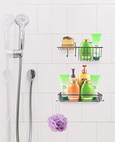 Shower Caddy Basket Shelf, Bath Accessories , Shampoo Holder Organizer No Drilling Wall Mounted Adhesive Bathroom Storage Black Stainless Steel (Black) - 2 Pack