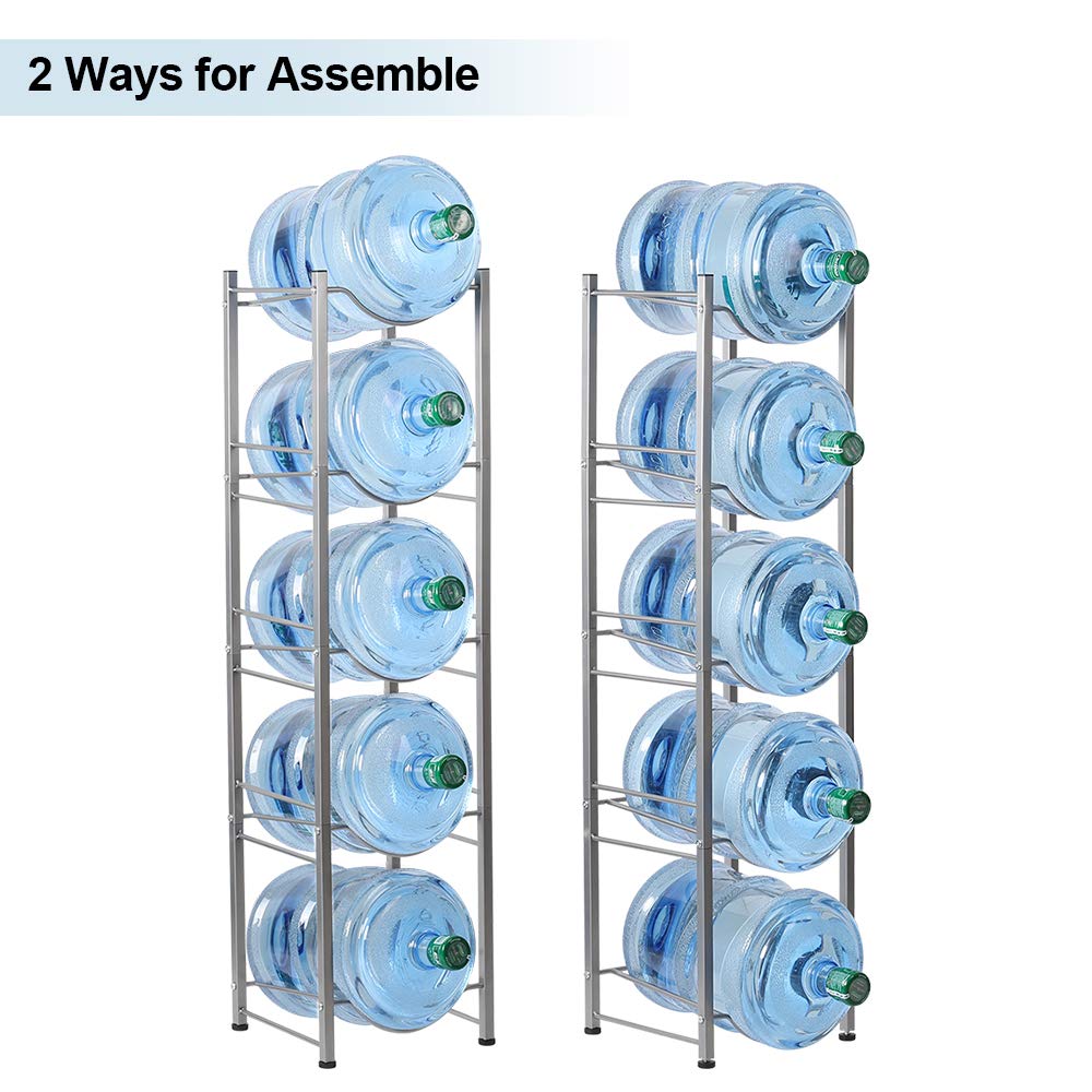 HEOMU 5 Gallon Water Jug Rack, 5-Tier Water Bottle Holder Storage Rack, Water Jug Organizer for Kitchen, Office, Garage, Silver