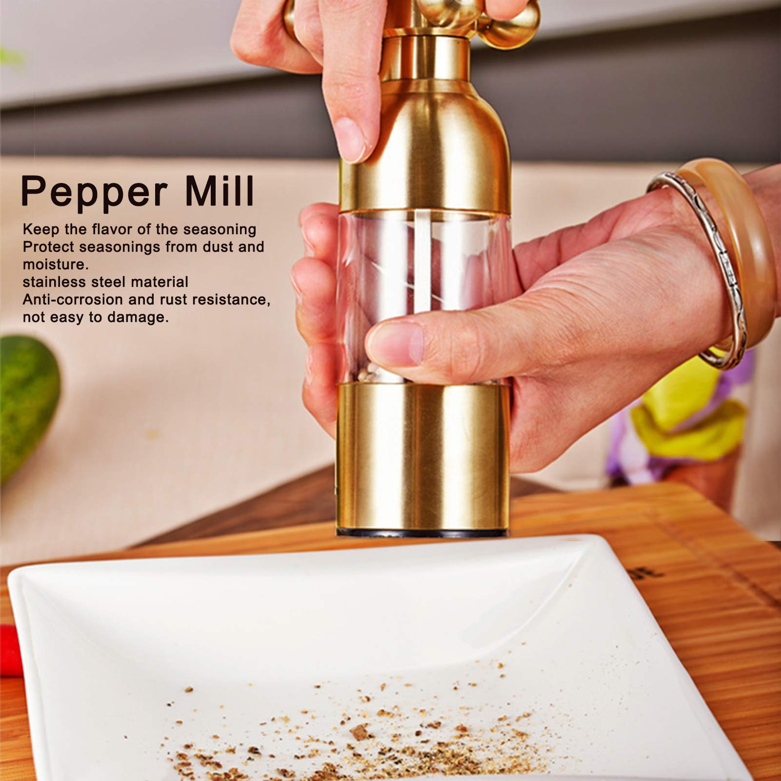 Pepper Grinder, Salt Grinder, Stainless Steel Wear-Resistant Labor-Saving for Pepper All Kinds Of Spices Salt(Golden)