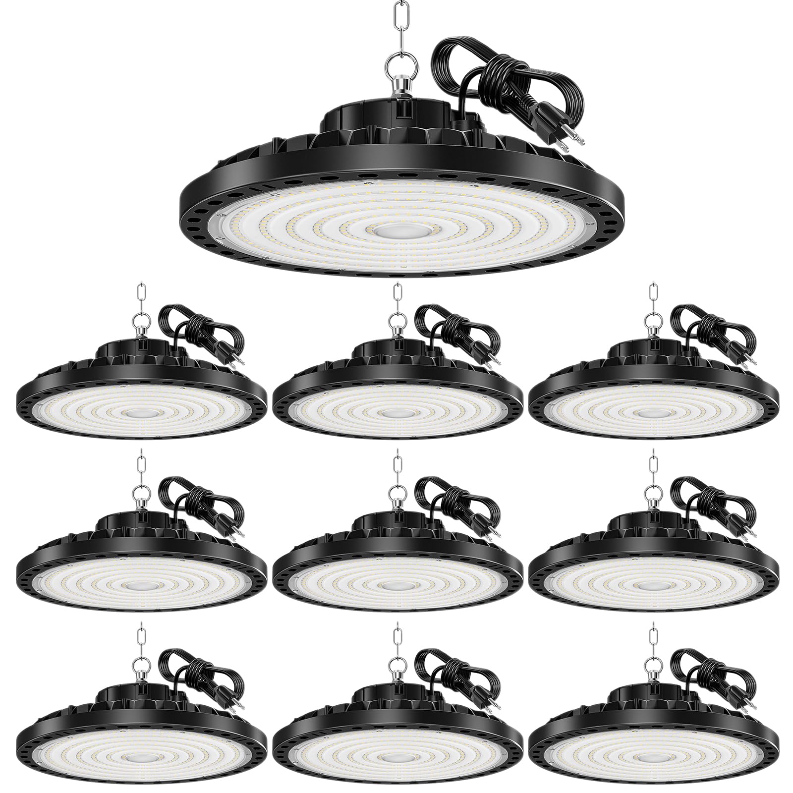 XINGHUANLIT UFO LED High Bay Light 200W 10 Pack, 28000LM High Bay LED Shop Lights 6500K Daylight IP65 Waterproof Commercial Bay Lighting with 6.56ft Plug, UFO Lights for Garage Warehouse Factory