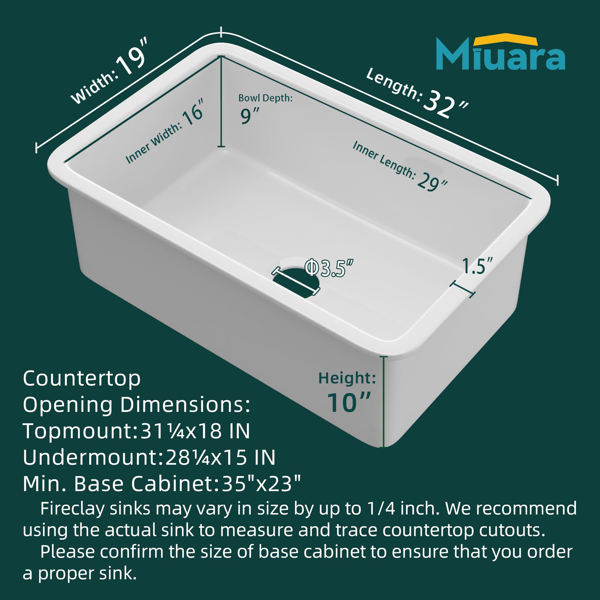 Miuara White Undermount Kitchen Sink 32 Inch - Large Kitchen Sink Drop In 32"x19", 9" Deep Dual Mount Drop In Kitchen Sink, Topmount Single Bowl Fireclay Sink For Kitchen, with Custom Accessories