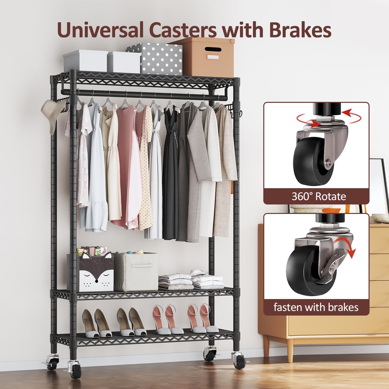 ZERDER Metal Clothing Rack for Closet, Heavy Duty Clothes Rack with 1 Hanging Rods,3 Tiers Shelves and Side Hooks, Freestanding Garment Rack