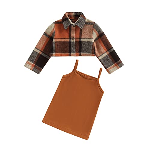 WALLARENEAR 2PCS Toddler Baby Girl Lapel Long Sleeve Button Down Plaid Jackets + Spaghetti Strap Dress Sets (Brown, 2-3 Years)