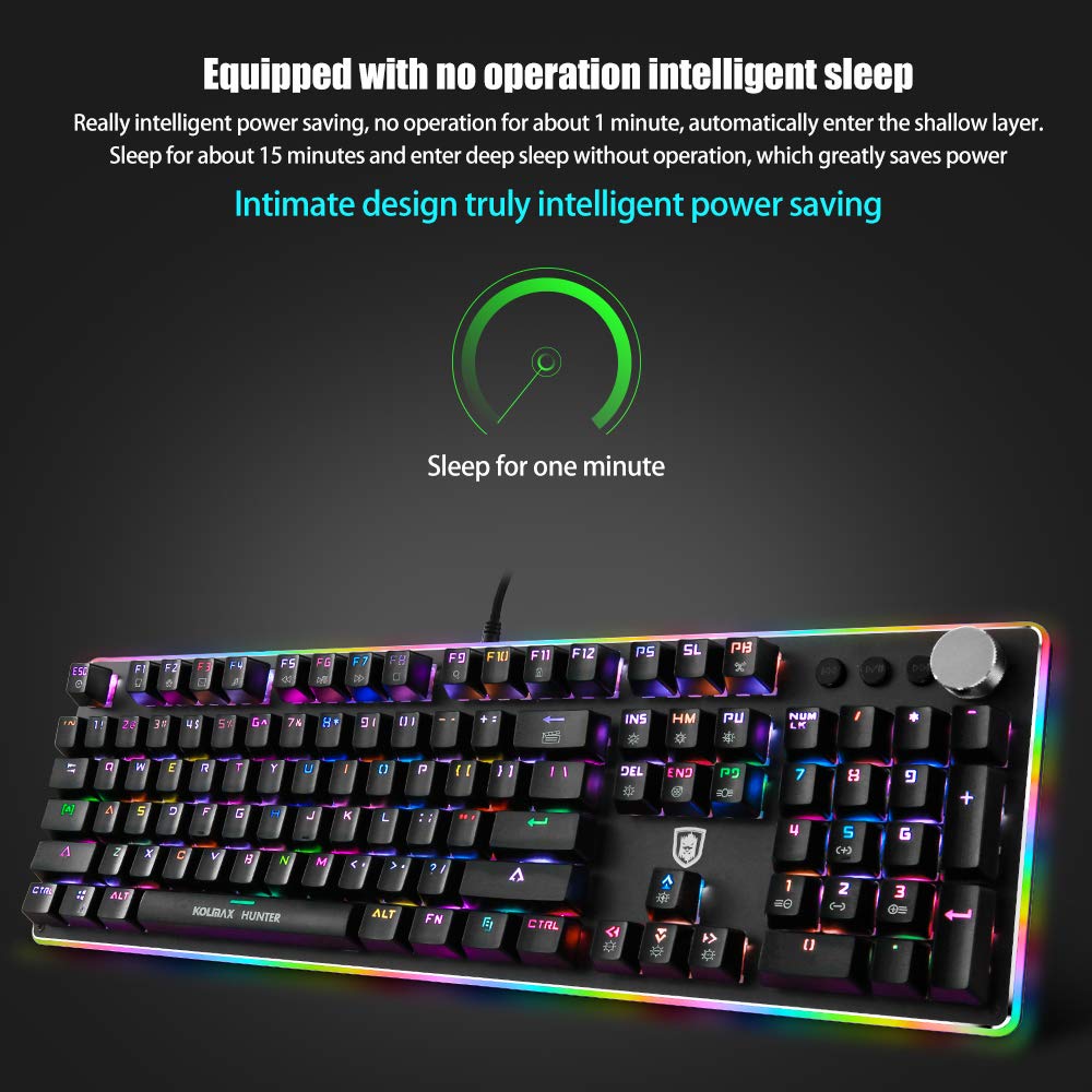 KOLMAX HUNTER Mechanical Gaming Keyboard RGB LED Backlit USB Wired Gaming Keyboard with Blue Switches for Windows Mac Gaming PC 100% Anti-Ghosting(104 Keys, Black)
