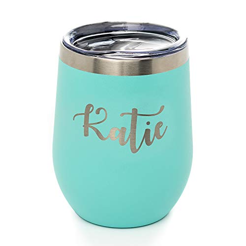 Personalized Monogram Wine Tumbler with Lid - Customized Stainless Steel Stemless Wine Glass