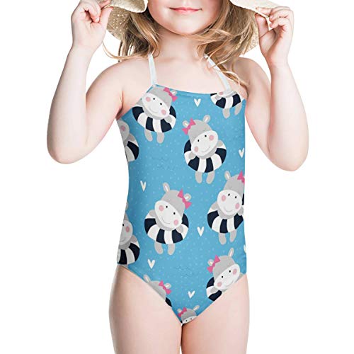 KiuLoam Cute Hippo Animals Blue Girls Bikini Summer Beach Swimsuit Rash Guard UV Protection for 5-6 Years Kids 1 Piece