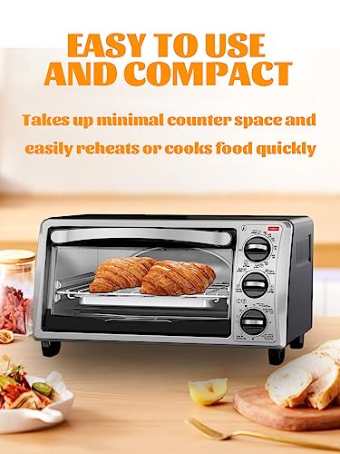 Toaster Oven 4 Slice Countertop - Pizza Oven with Timer, Convection Oven fits a 9 Inch Pizza, for Bake, Broil, Toast, Includes Baking Pan and Rack, Stainless Steel, Silver