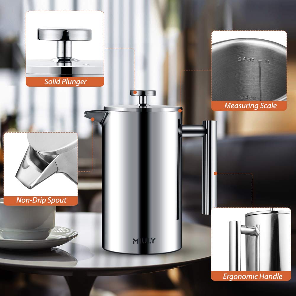 Miuly French Press 34oz, Double Insulated 304 Stainless Steel Coffee Press,Stainless Steel French Press with 5 Extra Fliters and 3 Additional Coffee Set(34oz, Sliver)