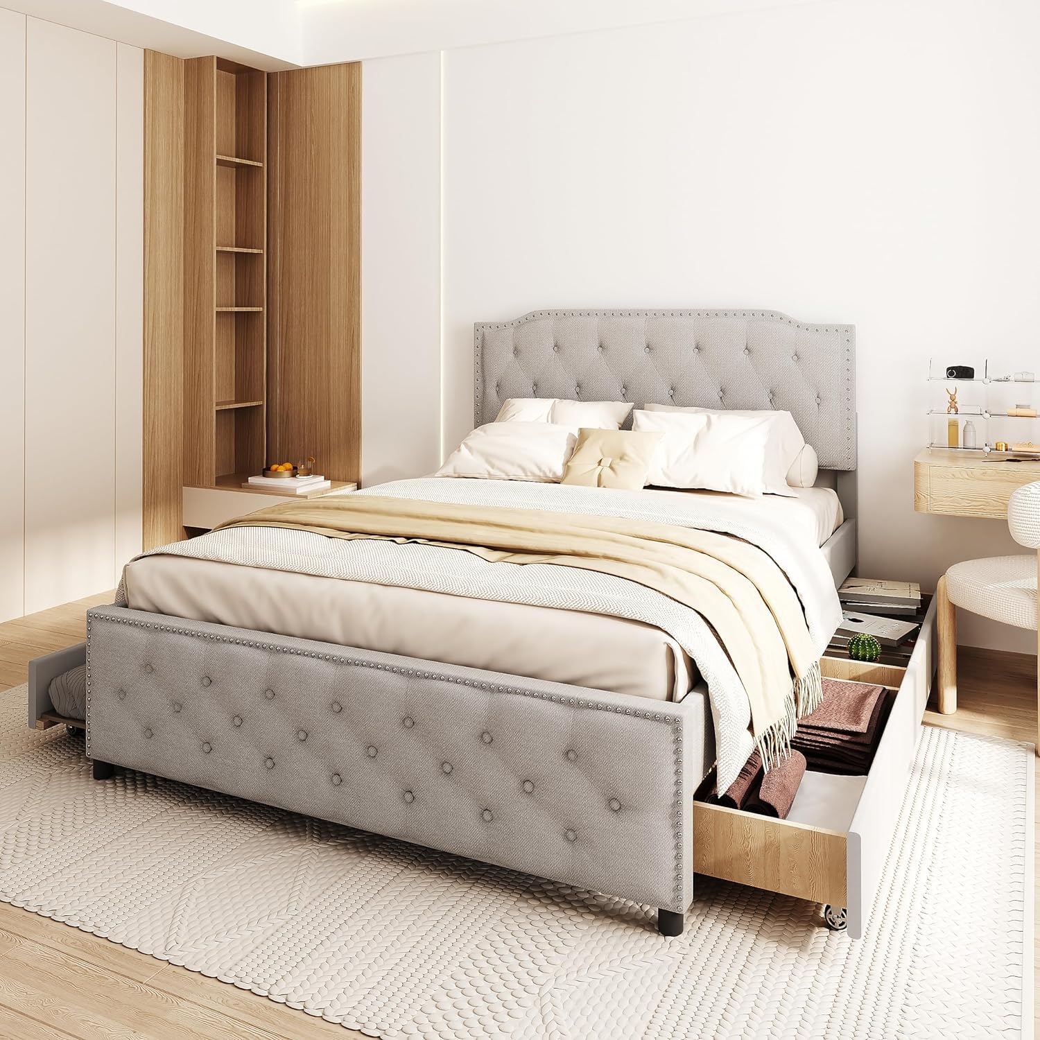 UOCFYK Upholstered Queen Size Platform Bed with Trundle & 2 Storage Drawers,Solid Wood Bedframe w/Headboard/Wood Slat Support, Easy to Assemble, No Box Spring Needed, Beige