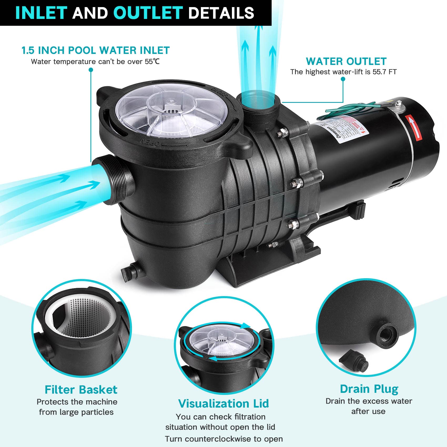Oswerpon Pool Pump Above Ground/Inground, 2 HP 6800GPH Powerful Selfpriming Pool Pumps for 15,000-31,000 Gallons Pools, Dual Voltage Swimming Pool Pump with Strainer Basket & Drain Plug (2.0HP)