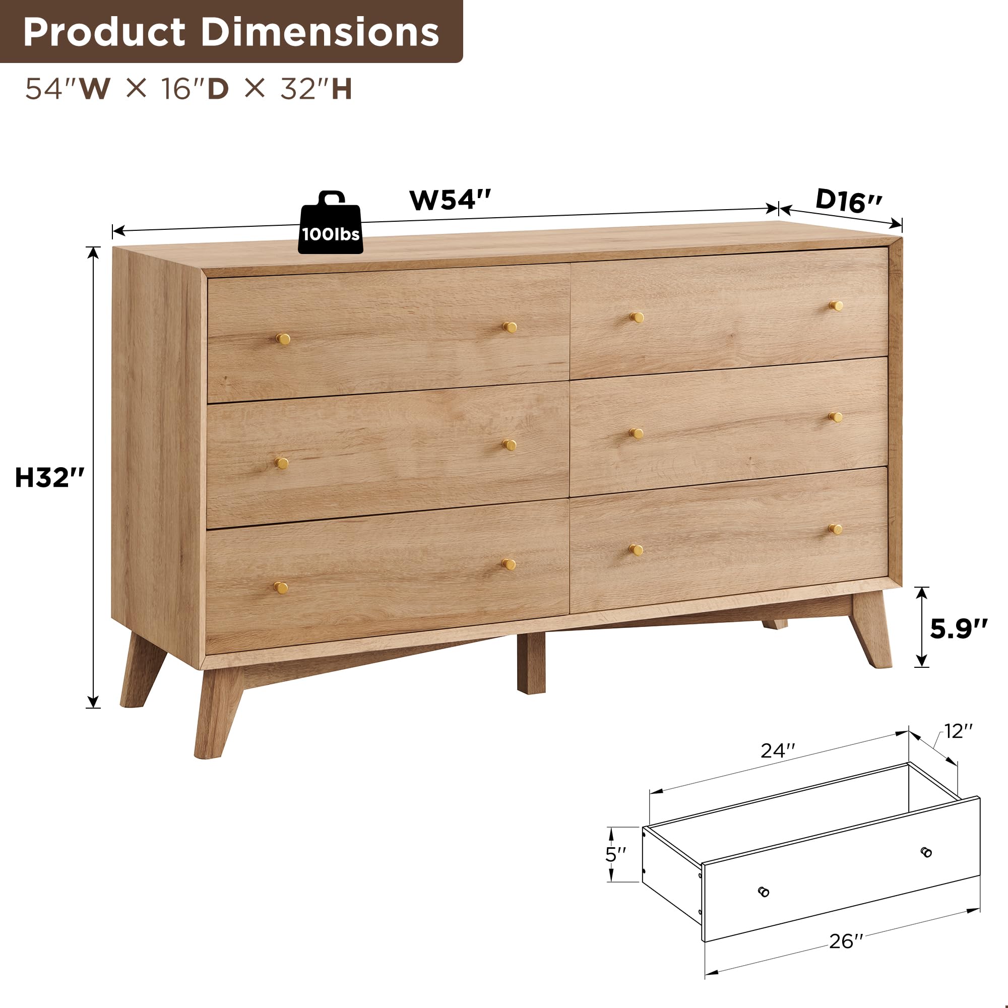T4TREAM Beveled 6 Drawer Dresser, Natural Oak