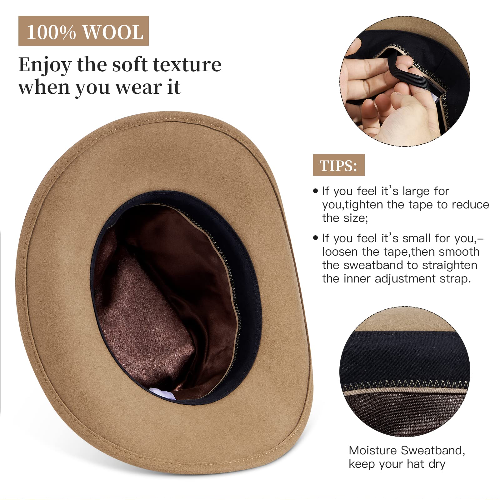 MIX BROWN Western Outback Hat 100% Australian Wool Crushable Mens Cowboy Hat Wide Brim Pinch Front Hat Classic Style