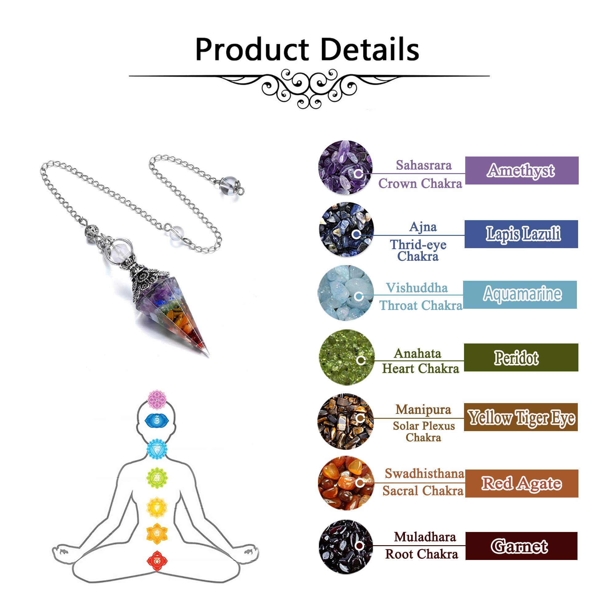 Jovivi 7 Chakra Healing Crystal Pendulums for Dowsing Divination 6 Facet Pointed Healing Wicca Dowsing Balancing Spiritual Resin Gemstone Point Pendant Pendulums