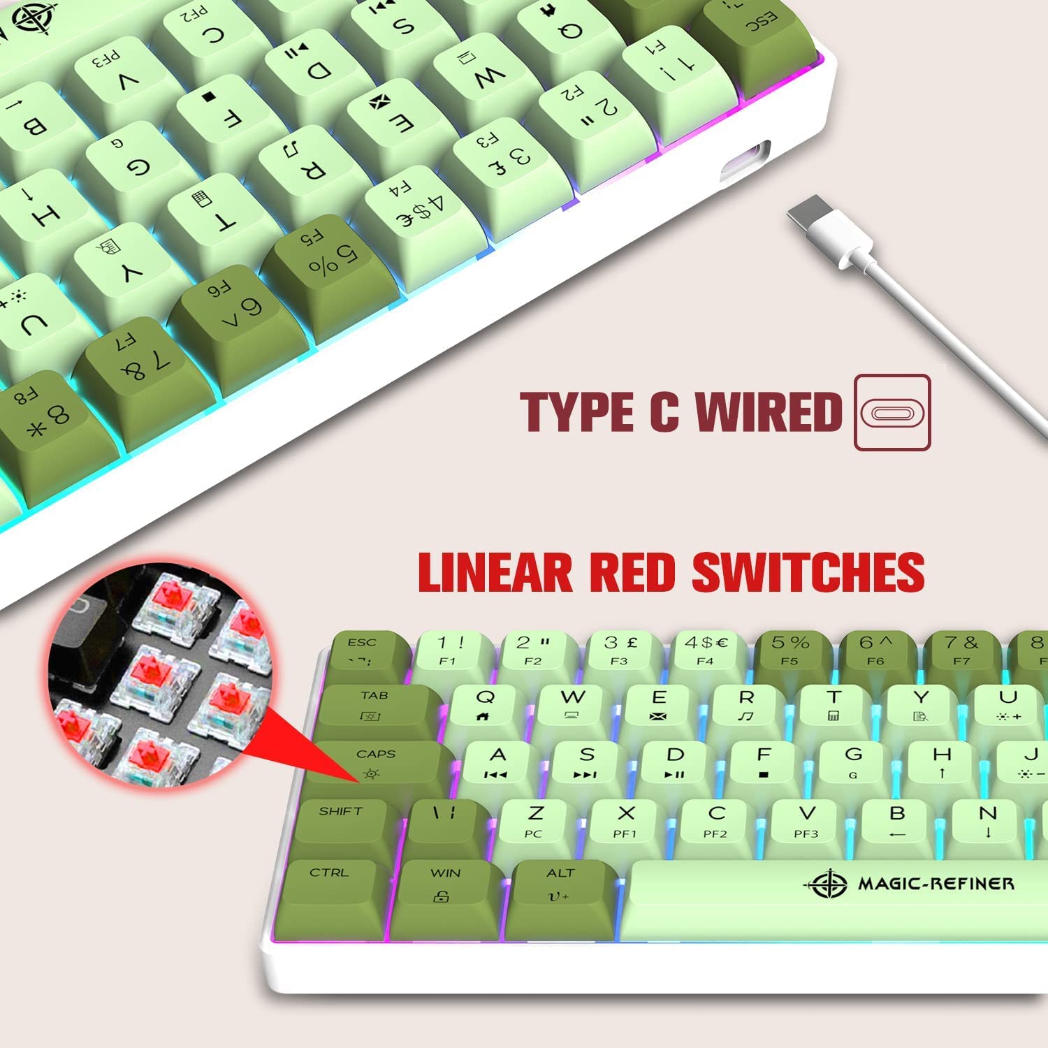 Small Mechanical Gaming Keyboard Type-c Wired with PBT Dye-subbed Keycaps Rainbow RGB Backlit 60% Layout Full Anti-Ghosting 62 Key Ergonomic for Typist Laptop PC Mac Gamer (Green Mix/Red Switch)