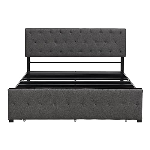 TARTOP Queen Size Upholstered Platform Bed with Storage Drawer, Metal Queen Bed Frame with Headboard,No Box Spring Required,Gray