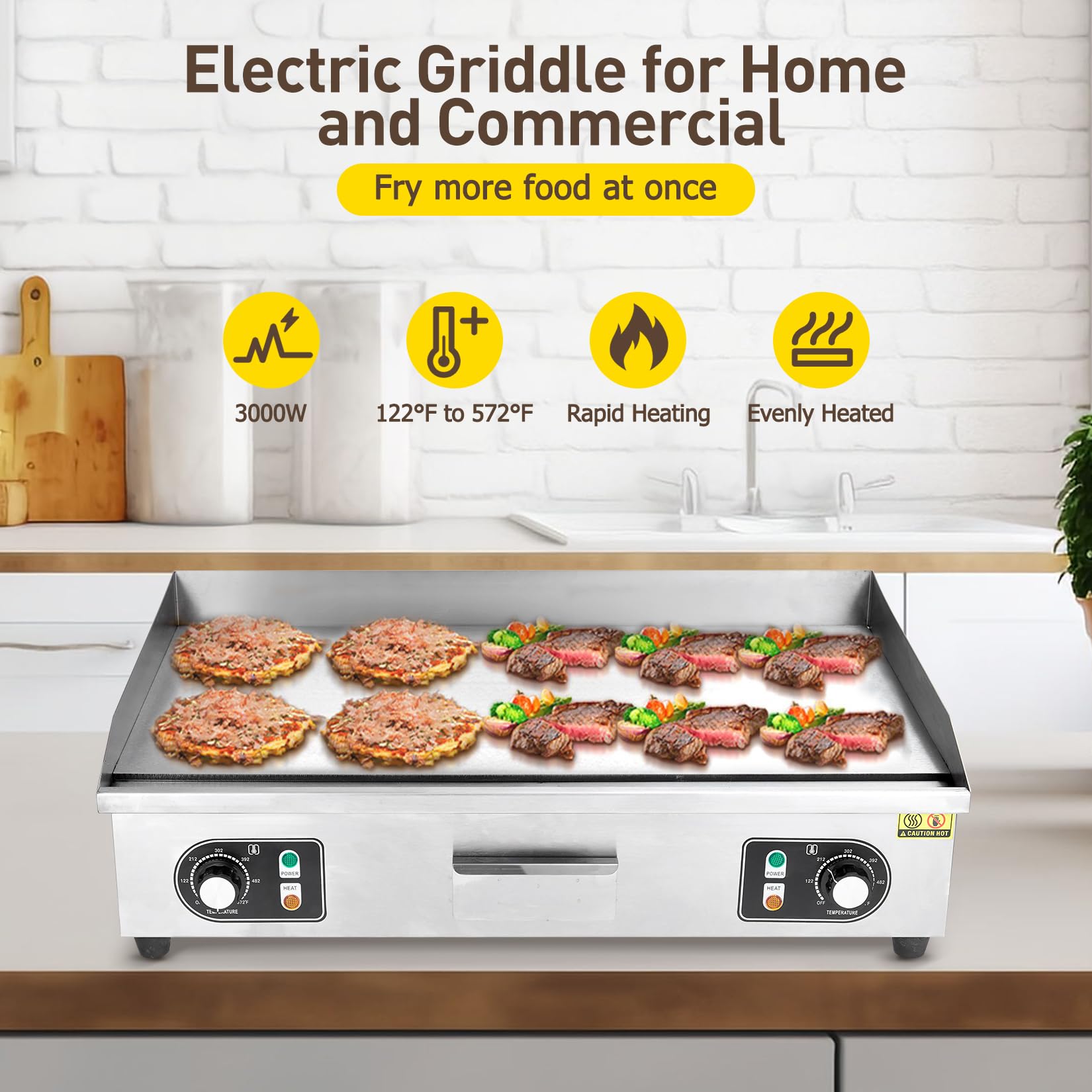 Takywep 30Inch Electric Griddle,Commercial Electric Countertop Grill, Non-Stick Electric Grill Plate (With Plug), Adjustable Temperature Control 122°F-572°F, 1600W/110V