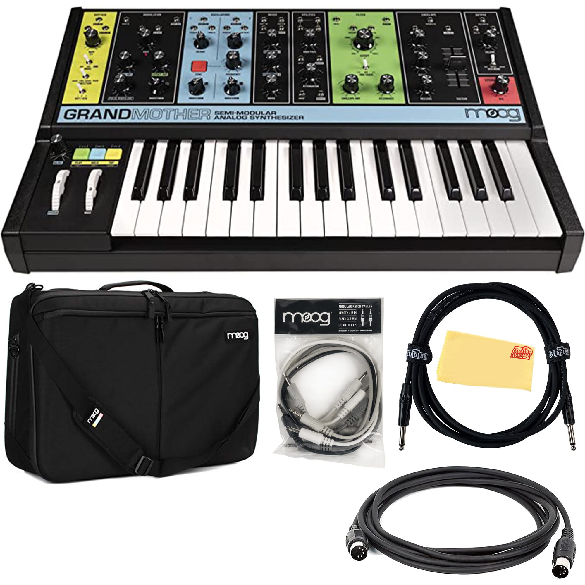 Moog Grandmother Semi-Modular Analog Synthesizer Bundle with Case, Patch Cables, Instrument and Midi Cable and Austin Bazaar Polishing Cloth