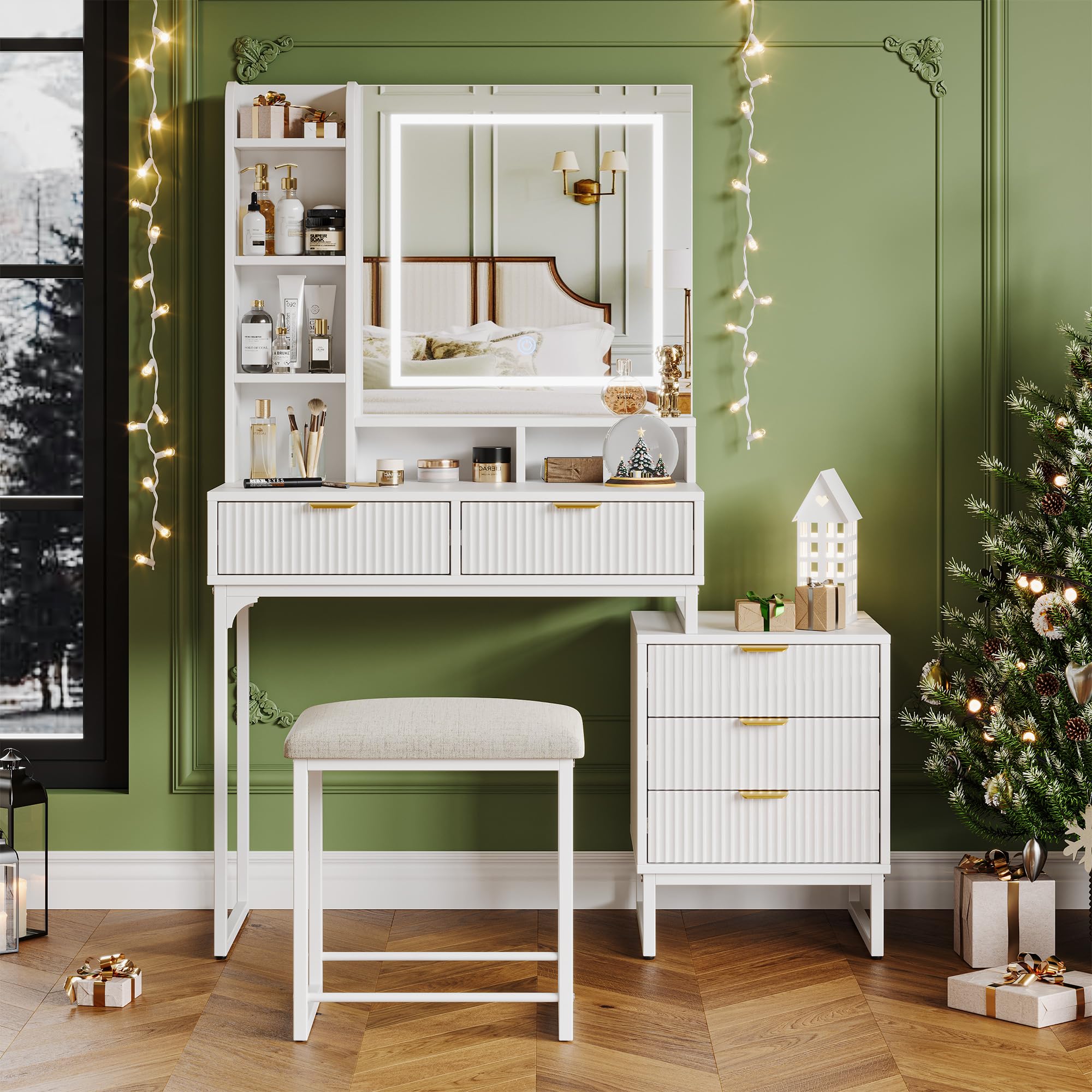White Vanity Makeup Desk, Vanity Set with Mirror and 3-Mode Lights, 5 Drawers Vanity Table with Removable Side Storage Cabinet, Stool for Bedroom