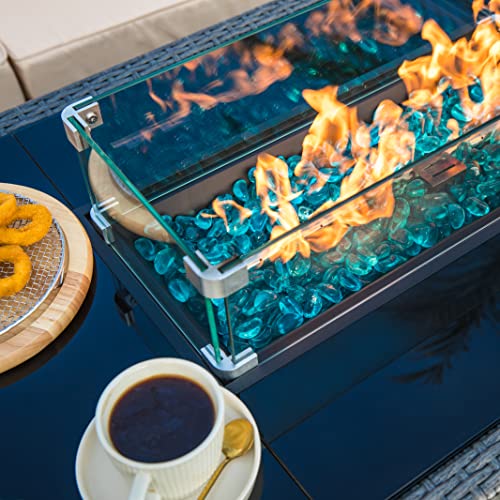 Propane Fire Pit Table, 44" Auto-Ignition Firepit Table for Outside, 50,000 BTU Outdoor Rattan & Wicker Gas Fire Table with Glass Wind Guard for Patio, Pool, Backyard, ETL Certification (Grey)