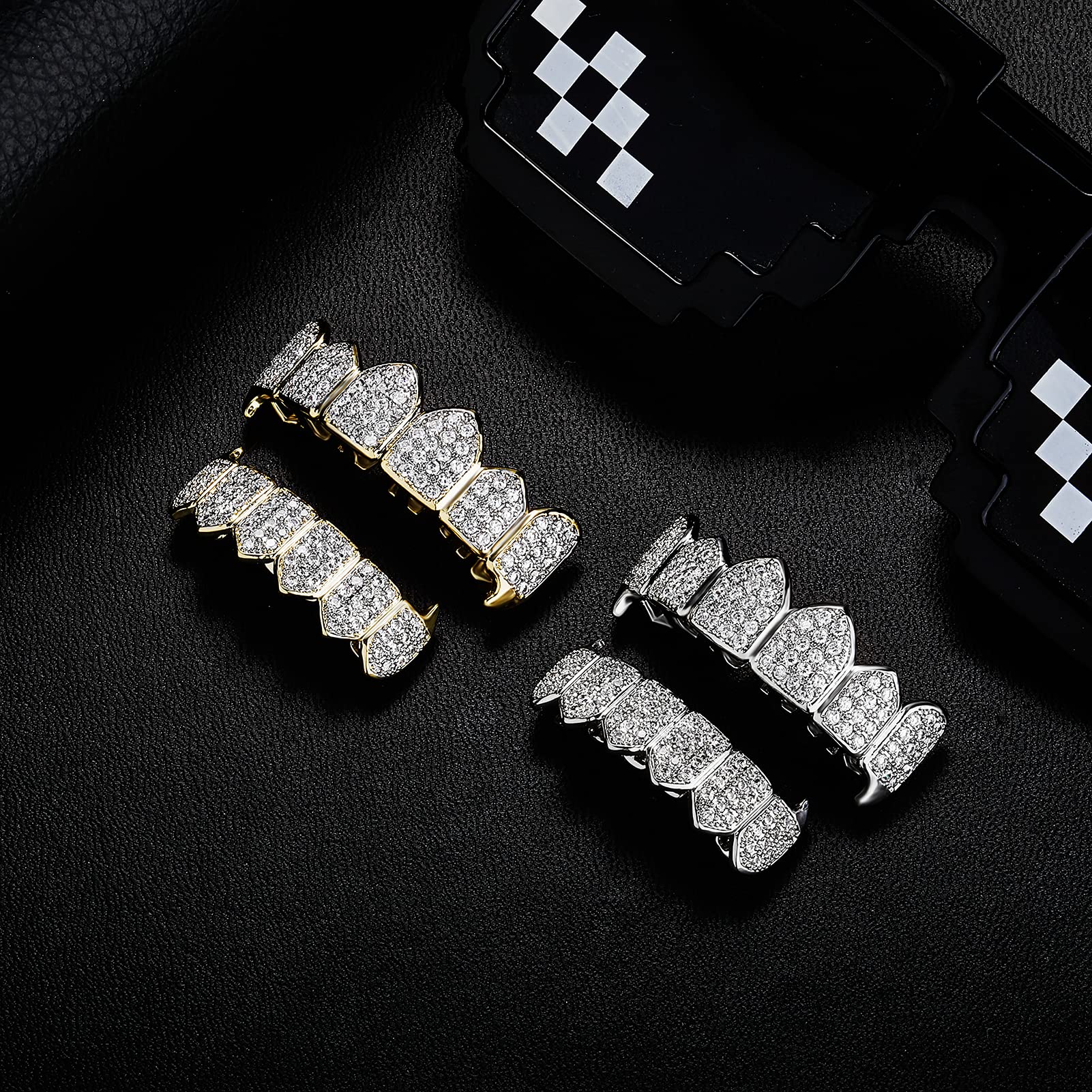 JINAO 18K Gold Plated Iced out CZ Fang Top Bottom Mouth Teeth Grills Set (SILVER BOTTOM)