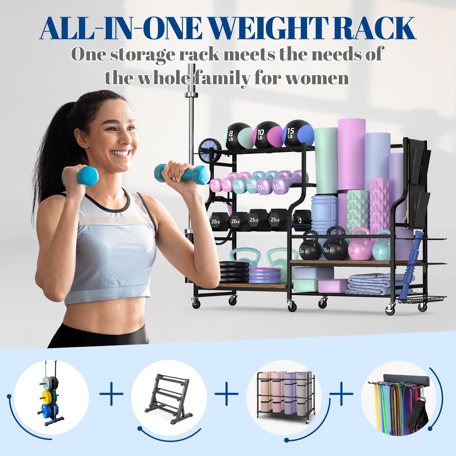 Mythinglogic Home Gym Storage Rack-Yoga Mat Storage Rack for Yoga Strap,Foam Roller and Resistance Bands,Workout Equipment Storage Organizer for Dumbbells Kettlebells