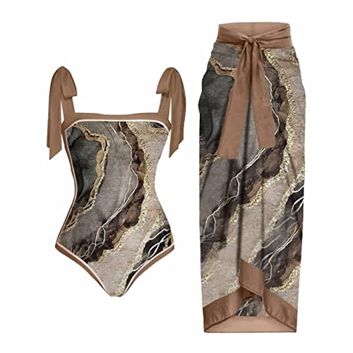 ZDRZK Sexy one Piece Swimsuit for Women Womens Sexy Bikini Set with Matching Beach Cover Ups Retro Floral Print Two Piece Bathing Suit Sleeveless Swimsuit Coffee M