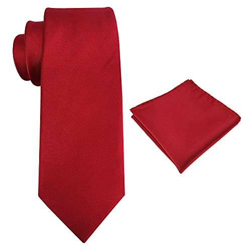 KOOELLE Mens Tie Set Solid Color 3.15" (8CM) Formal Red Tie and Pocket Square Set For Men