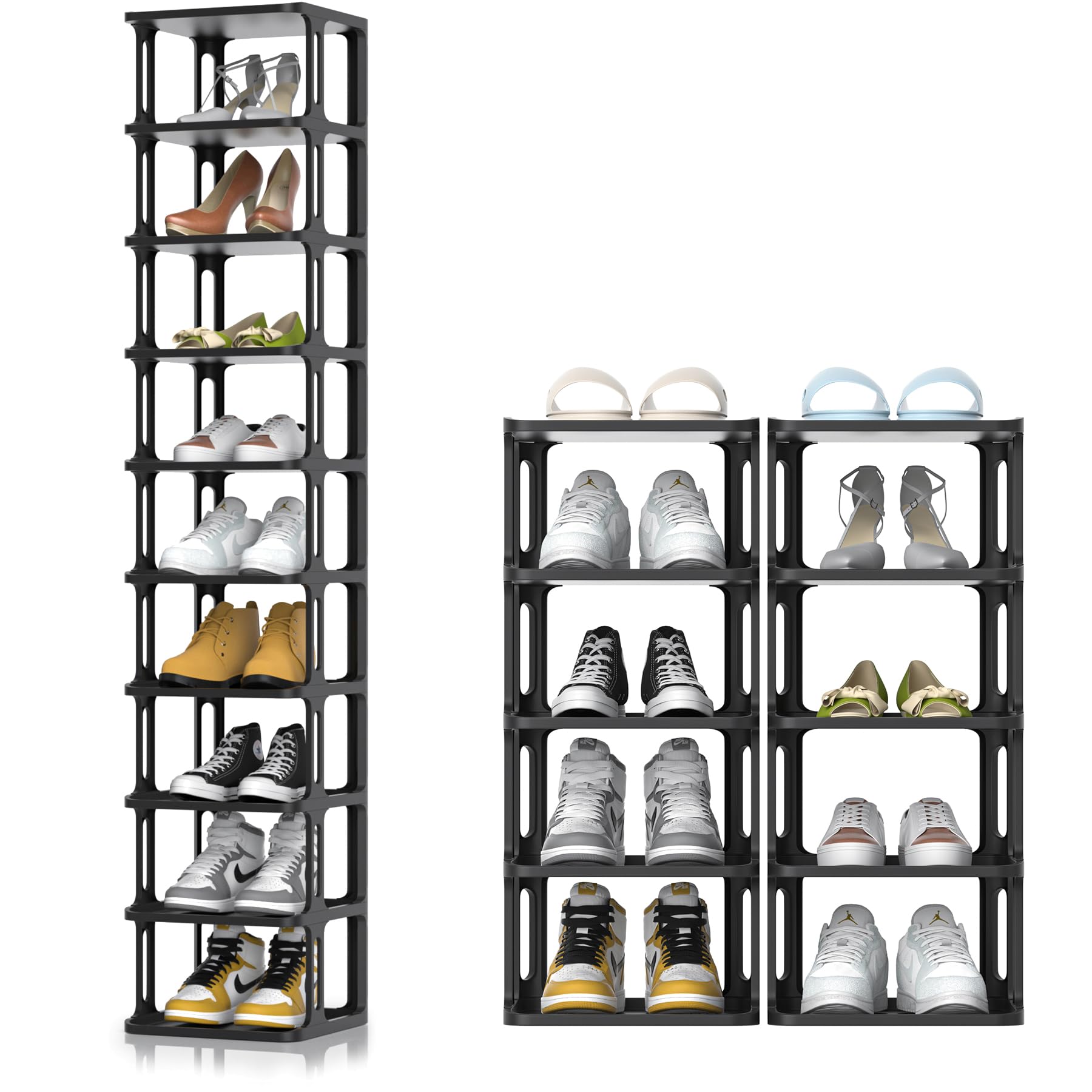 Tall Shoe Rack Front Door Entrance, Free Standing Narrow Shoe Rack Organizer for Entryway, Vertical Stackable Shoe Shelf for Closet Dedroom Dorm Garage, 10 Tier Black Shoe Tower for Small Spaces