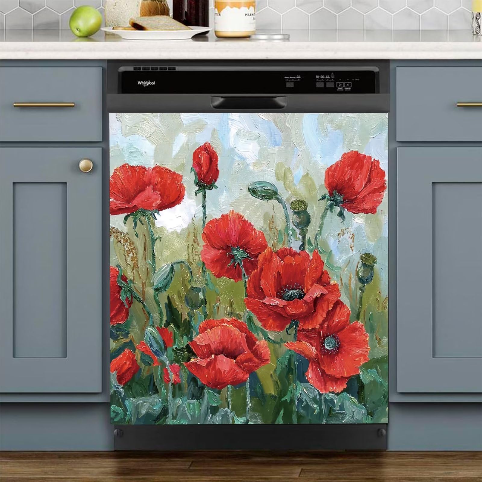 Red Flower Magnetic Decal,Dishwasher Cover Magnet Decorative,Fridge Magnet Flower Door Decal, Oil Painting Farm Flower, Appliances Cabinet Cover Sticker 23x26inch