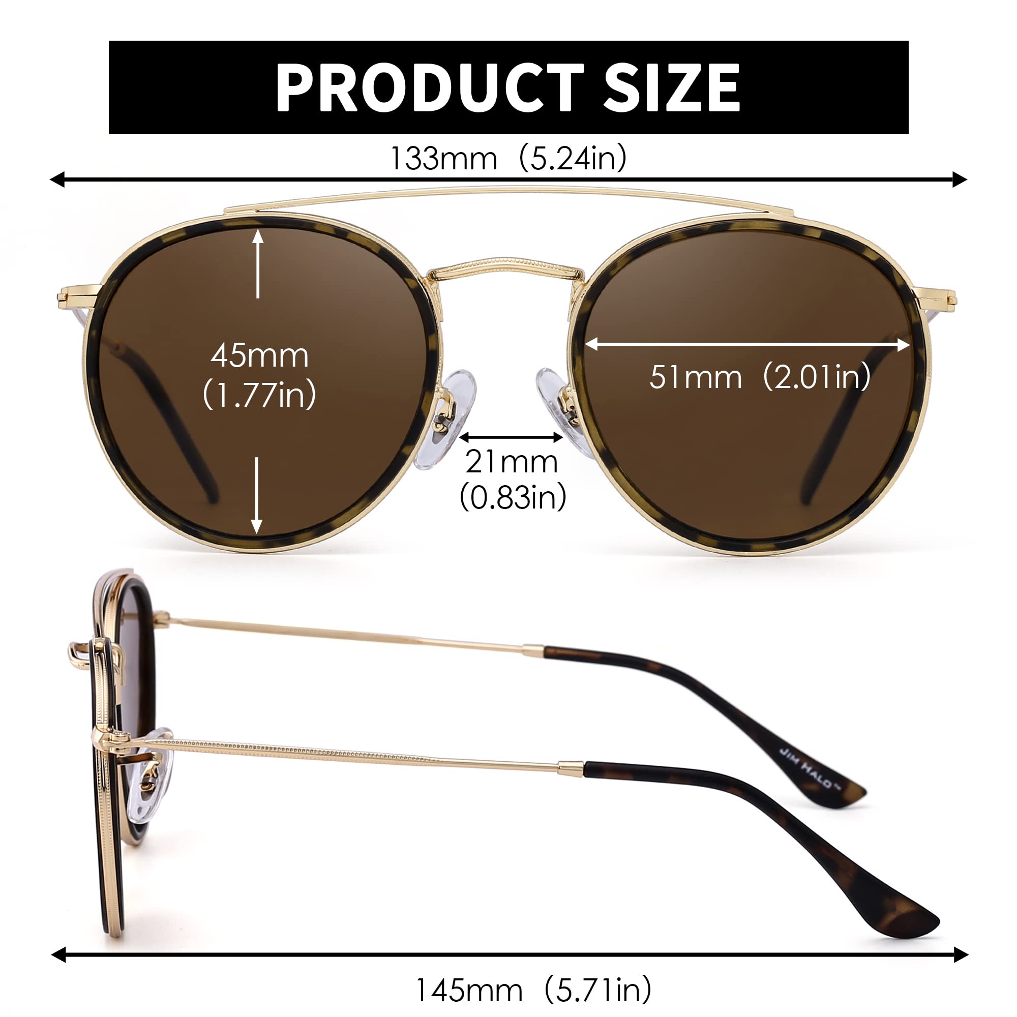 JIM HALO Small Polarized Round Sunglasses for Men, Women Vintage Double Bridge Frame (Gold Frame/Polarized Brown Lens)