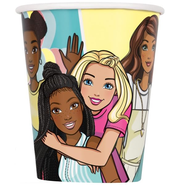 Unique Barbie Birthday Party Supplies Bundle includes 16 Party Paper Cups and 1 Dinosaur Sticker Sheet
