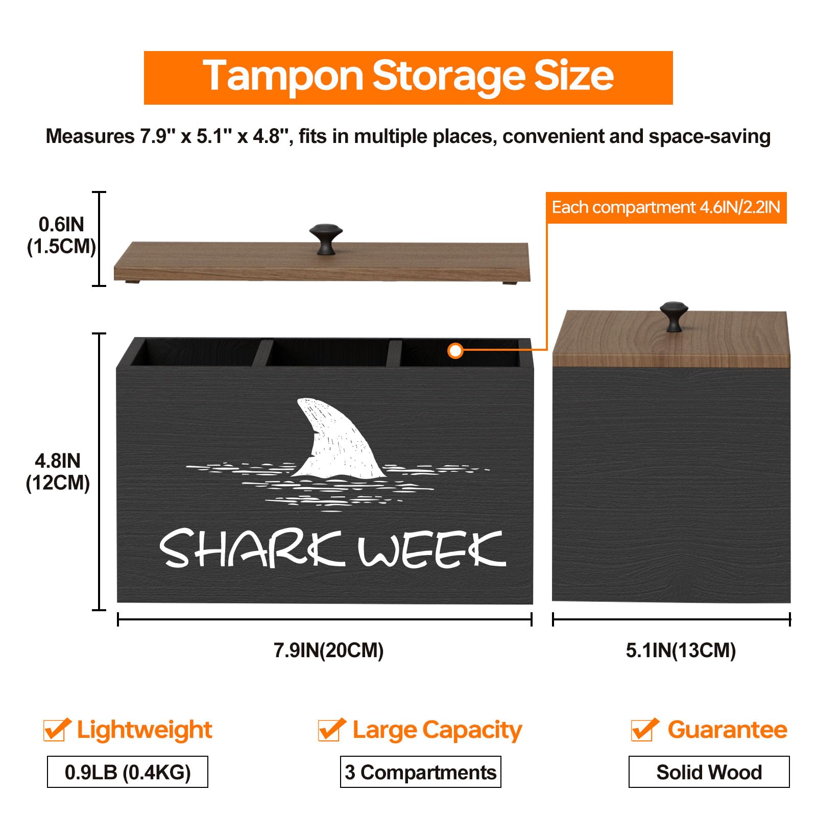 Tampon Holder For Bathroom, Tampon Storage Container,Feminine Product Organizer,Removable Organizer,Shark Week Wood Box With Lid, Tampon Organizer,Christmas Gifts for Mom and Female Friends (Black)