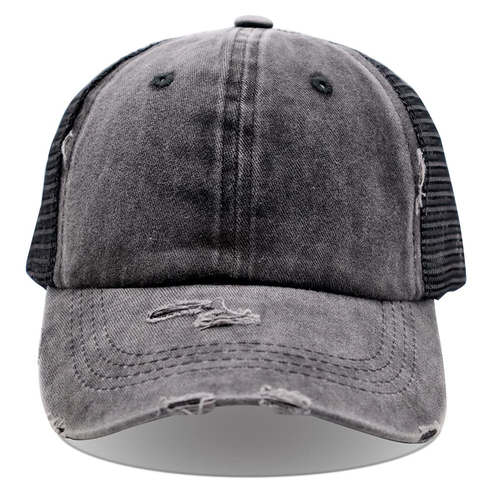 KKMKSHHG Ponytail Baseball Cap for Womens, Adjustable Vintage Trucker Washed Denim Dad Hat, Distressed High Mesh Messy Bun Velcro Ponycap