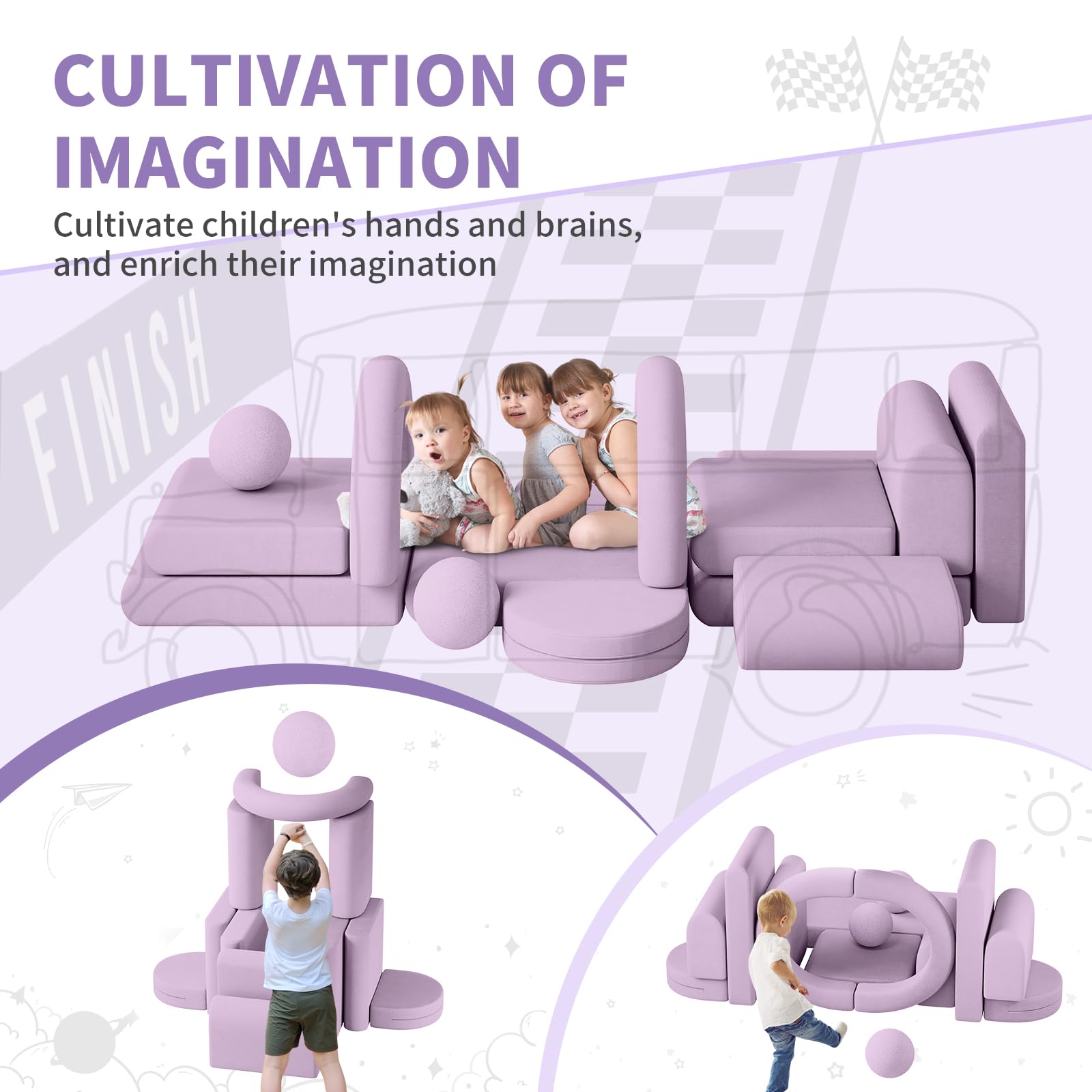 wanan Modular Kids Play Couch, 16PCS Kids Couch with Balls and Tunnel, Kids Couch for Playroom and Bedroom, Kids Modular Couch for Playing, Creativing, Modular Couch Kids (Blueberry)