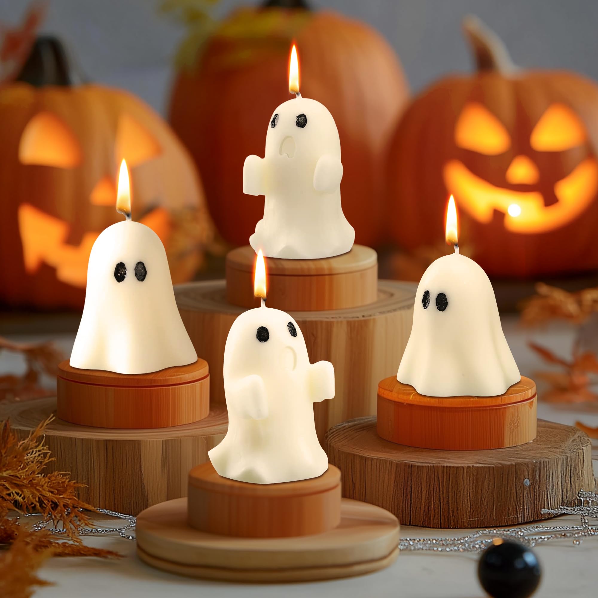 TRINIDa 4 PCS Halloween Ghost Candles, 2.75 x 1.97 Inches Ghost Scented Candles, Cute Halloween Ghost Decor, Halloween Decor Candles for Home Halloween Party Room Table Decorations, 2 Style